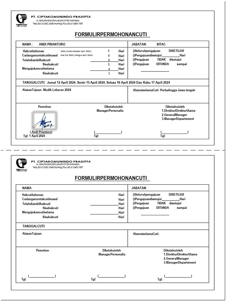 Form Cuti-Model Andi April 2024 | PDF