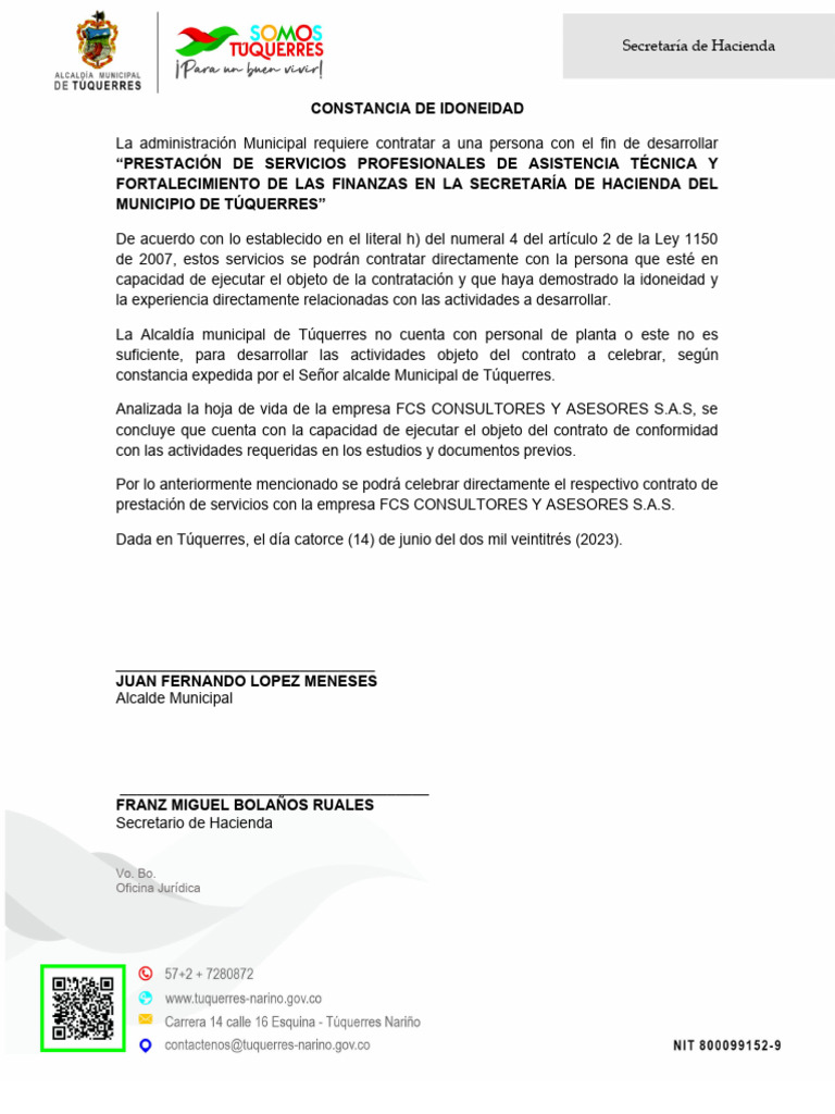 Carta de Idoneidad para FCS Consultores | PDF