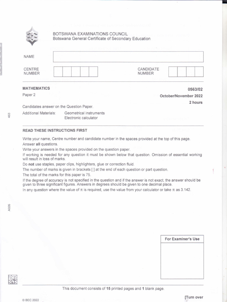 BGCSE Mathematics Paper 2 2022 | PDF | Geometry | Euclidean Geometry