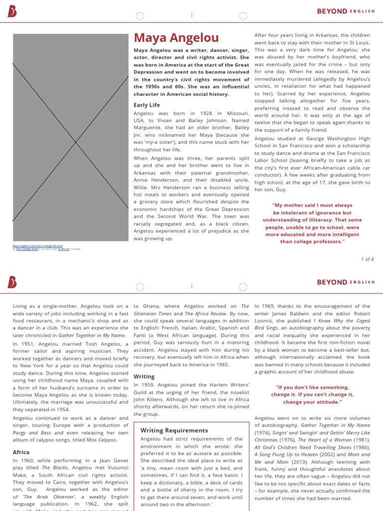 Maya Angelou Reading Comprehension | PDF | Maya Angelou