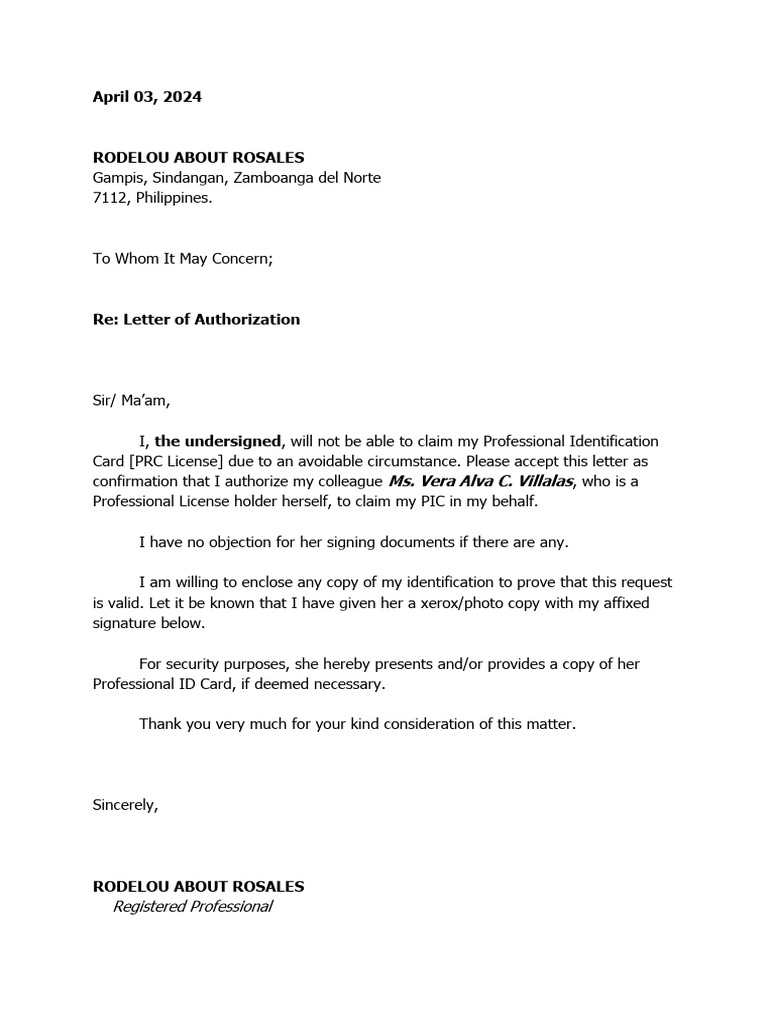 Authorization Letter Sample For PRC ID RENEWAL | PDF Authorization Letter Sample For PRC ID RENEWAL | PDF