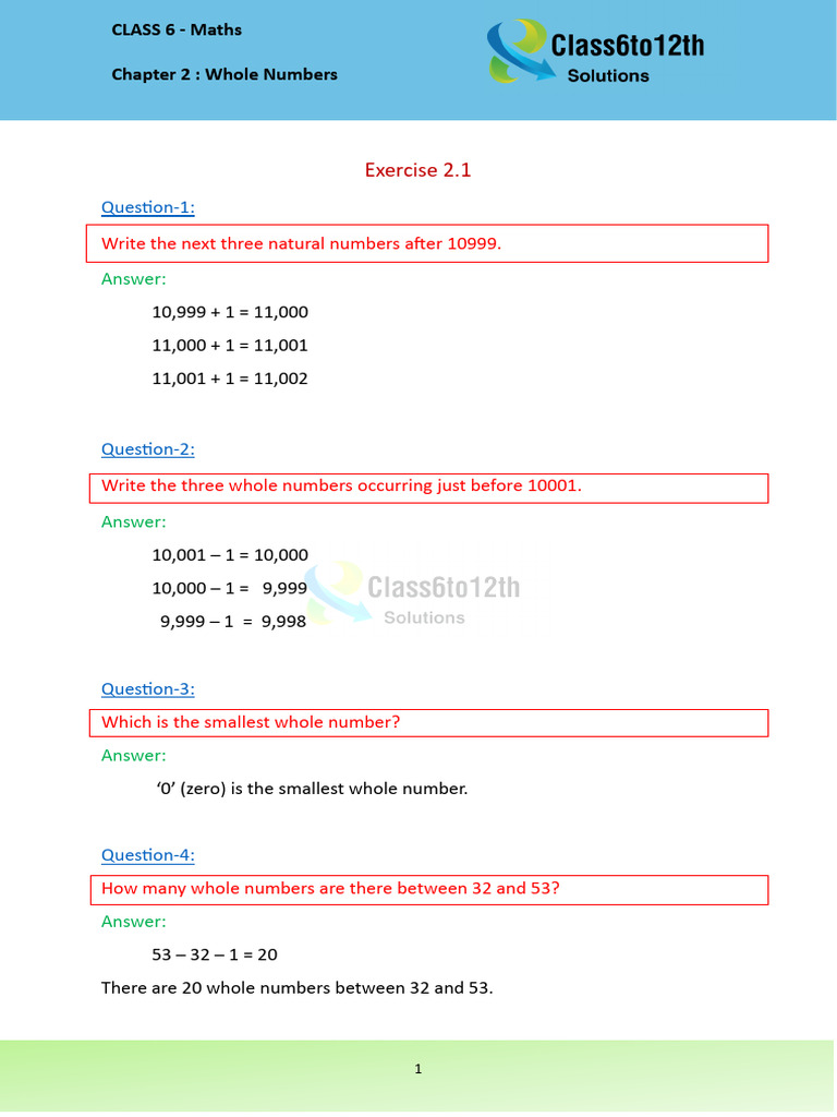 KSEEB Solutions CLASS 6-Maths Chapter 2 Whole Numbers (Sample PDF | PDF ...