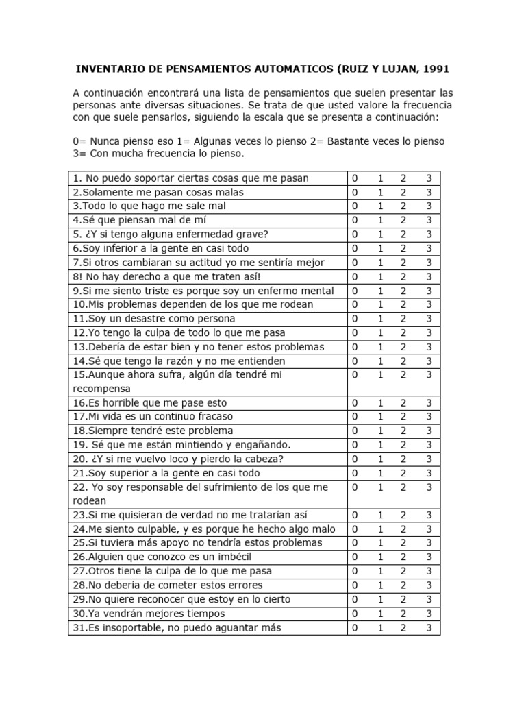 Inventario De Pensamientos Automaticos Ruiz Y Lujan 1991 Pdf Ira