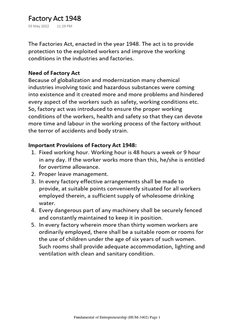Overview of the Factories Act 1948 | PDF | Technology & Engineering