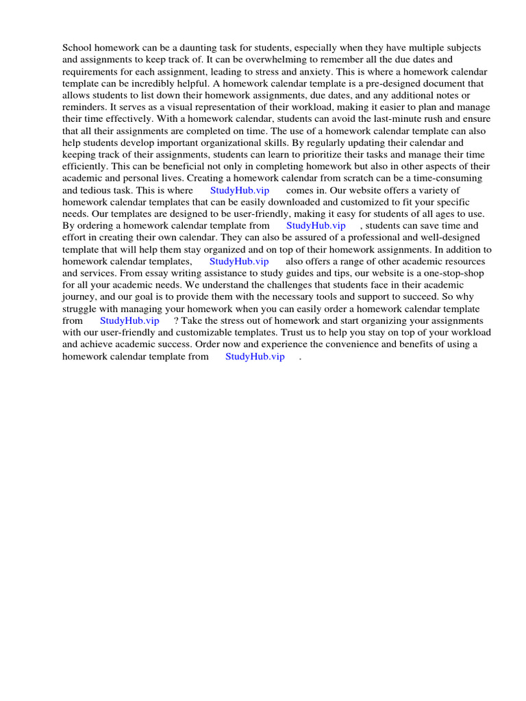 School Homework Calendar Template | PDF | Homework