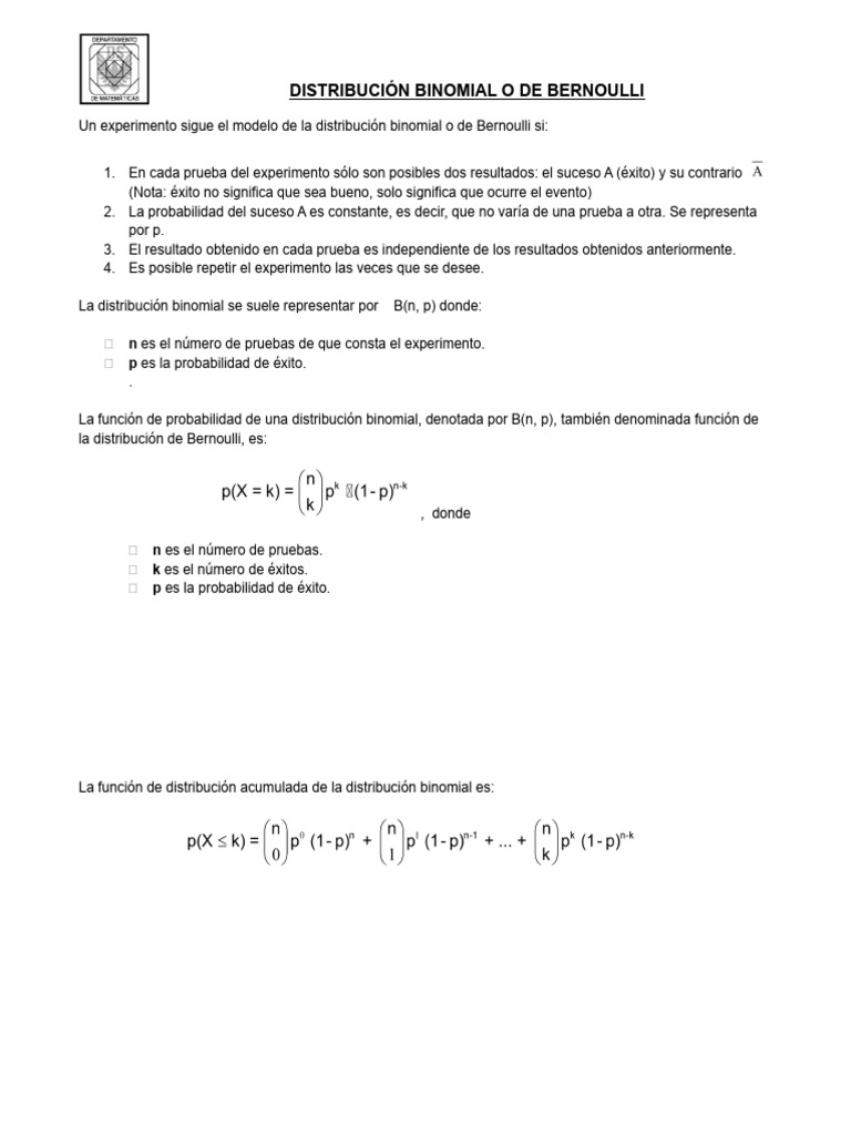 Distribución binomial o de Bernoulli 1.docx | PDF | Probabilidad | Matemáticas