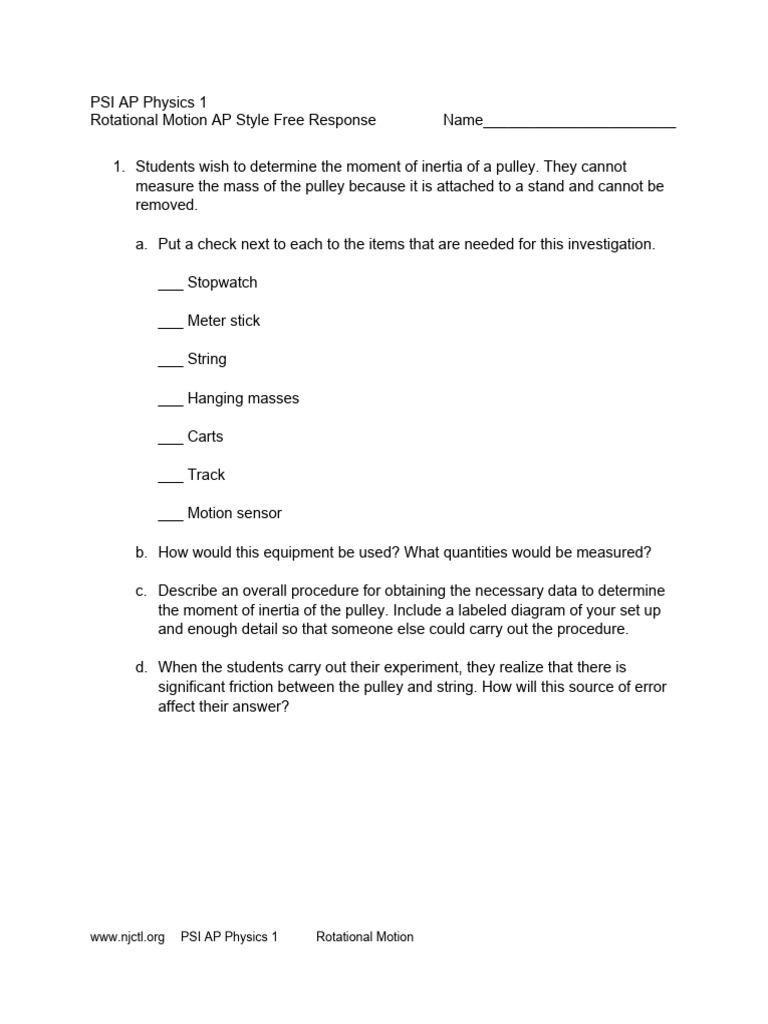 AP Phys1 Rotational Motion AP Style Free Response Questions 2022-02-27 ...