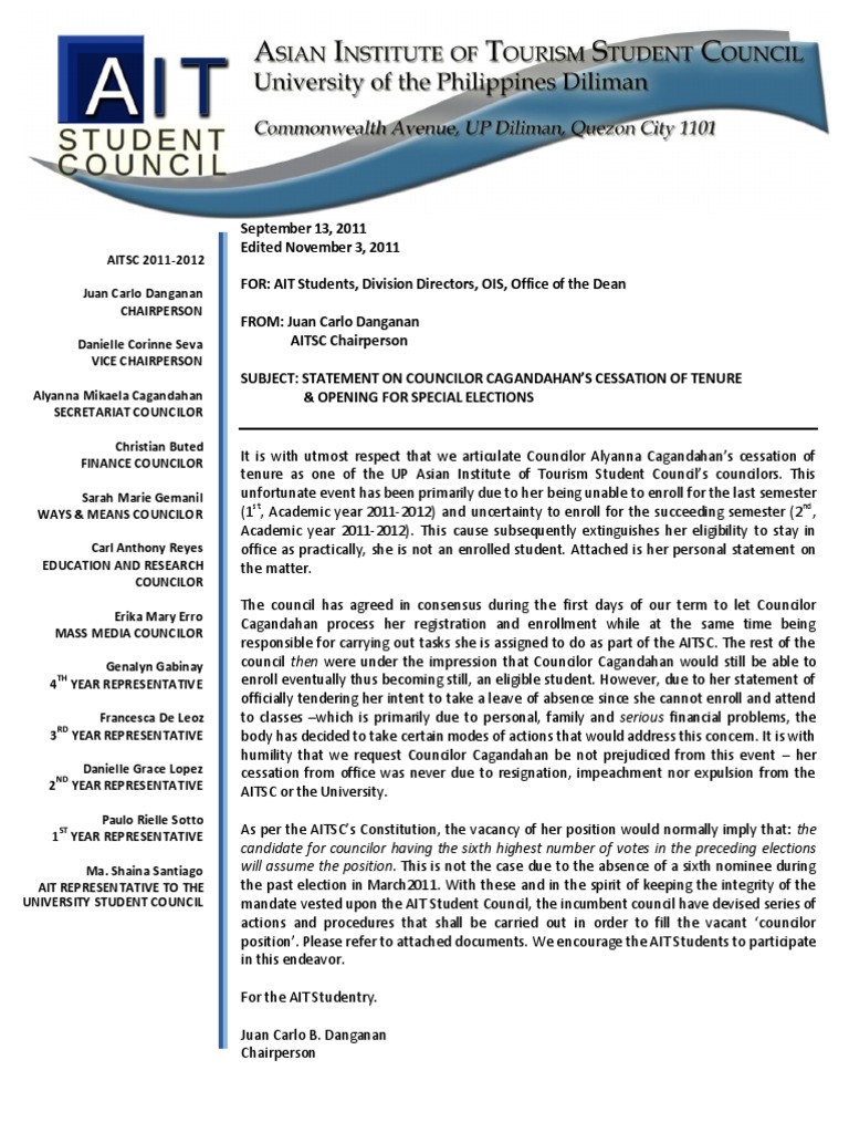 Statement From The AITSC On Councilor Cagandahan's Leave From Officeas ...