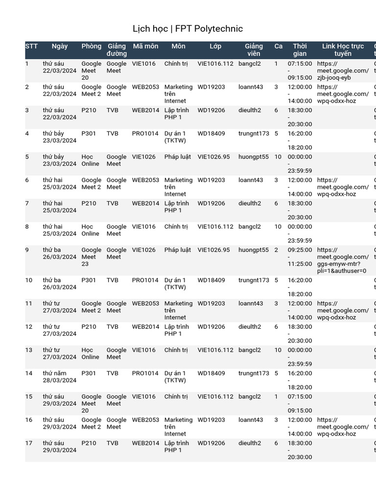Lịch Học FPT Polytechnic | PDF