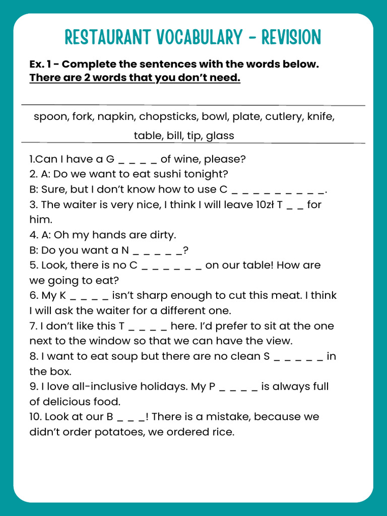 Restaurant Vocabulary Revision Exercises | PDF | Waiting Staff | Cooking