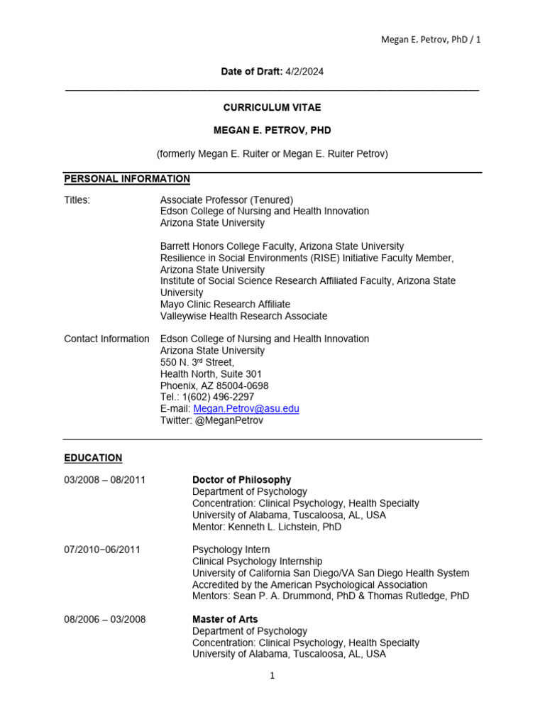 Petrov CV 4 | Download Free PDF | Insomnia | Arizona State University