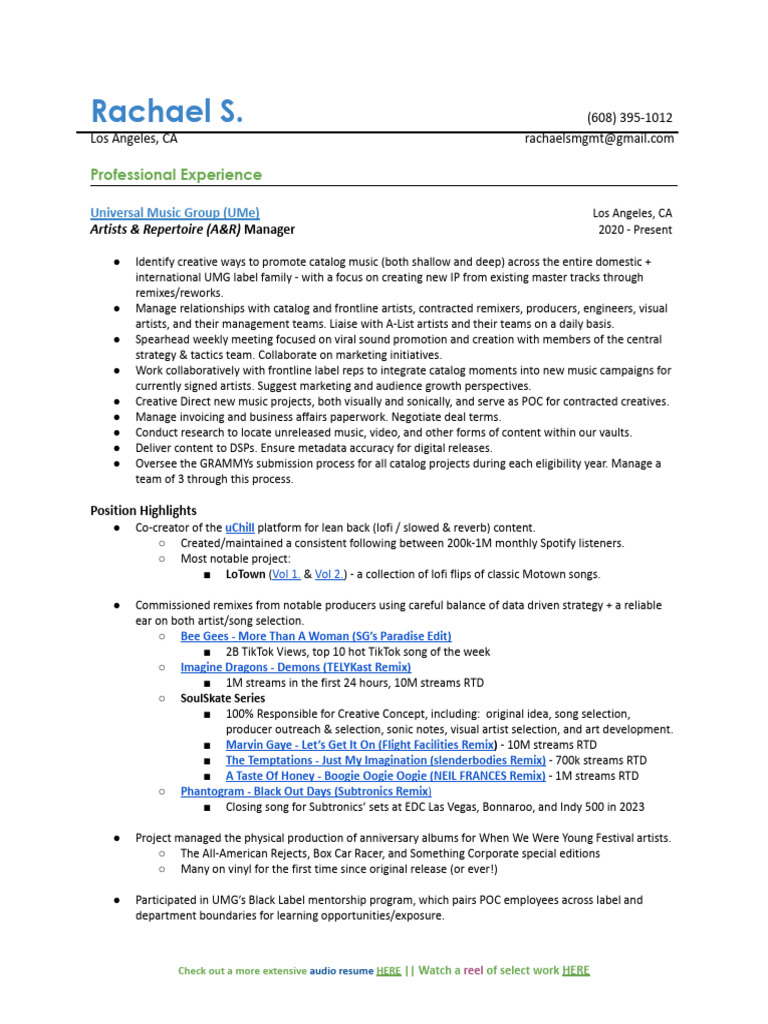 Rachael S Talent Influencer Relations Resume 2023 | PDF