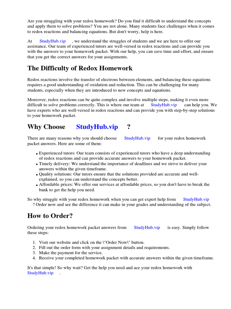 Redox Homework Packet Answers | PDF | Redox | Chemical Reactions
