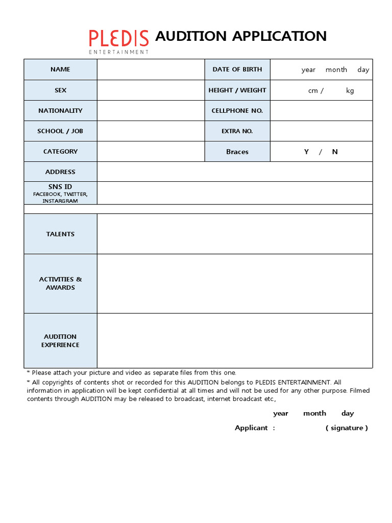 PLEDIS Entertainment Audition Form | PDF