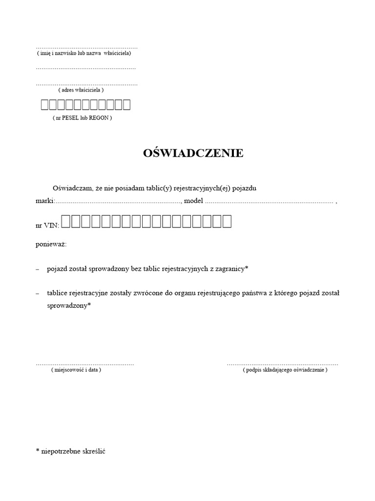 Oswiadczenie o Braku Tablic Rejestracyjnych Jakiwniosek PL | PDF