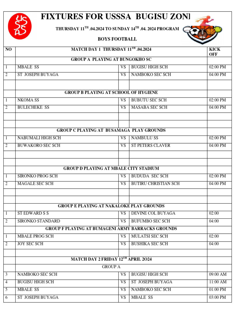 Bugisu Zone Football Fixtures | PDF