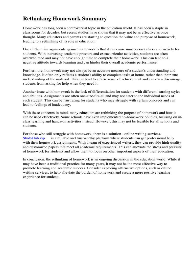 Rethinking Homework Summary | PDF | Homework | Teachers