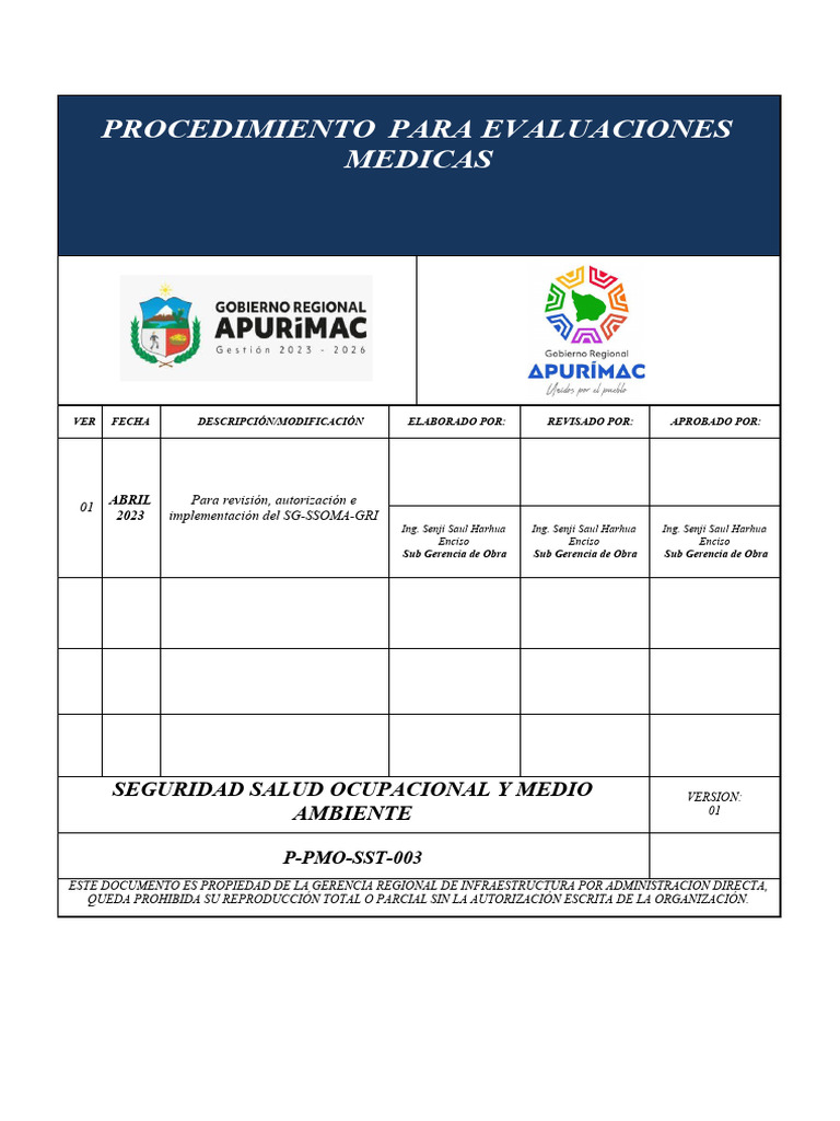 P Pmo Sst 003 Procedimiento Para Evaluaciones Medicas Pdf