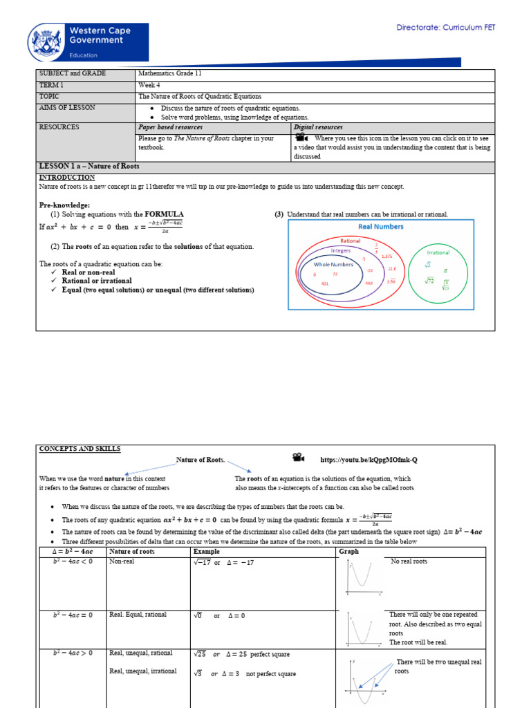 Mathematics Grade 11 Term 1 Week 4_2021 | PDF | Quadratic Equation | Mathematics