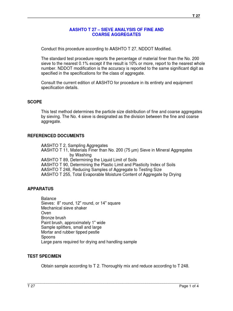 Aashto T 27 - Sieve Analysis of Fine and Coarse Aggregates: Scope | PDF ...