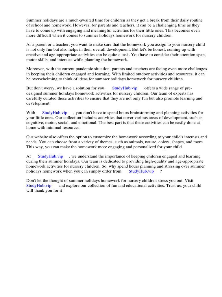 Summer Holidays Homework For Nursery | PDF | Preschool | Homework