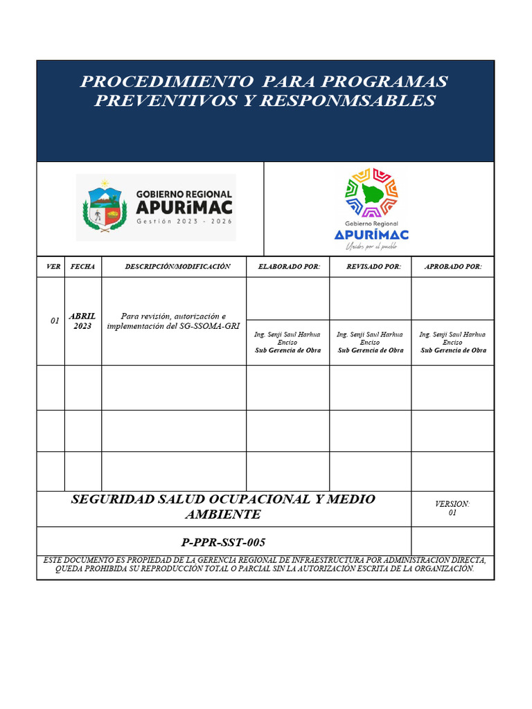 P-PPR-SST-005 Procedimiento para Programas Preventivos y Responsables | PDF