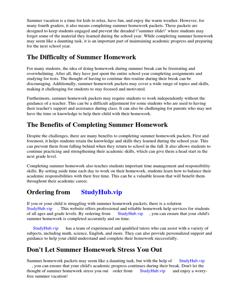 Summer Homework Packets Fourth Grade | PDF | Homework | Reading ...