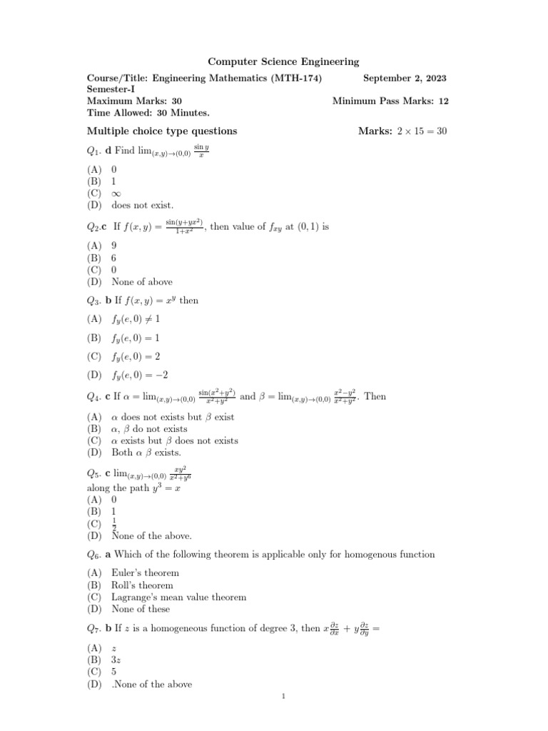 Functions Of Several Variables Mcqs Pdf Mathematical Concepts