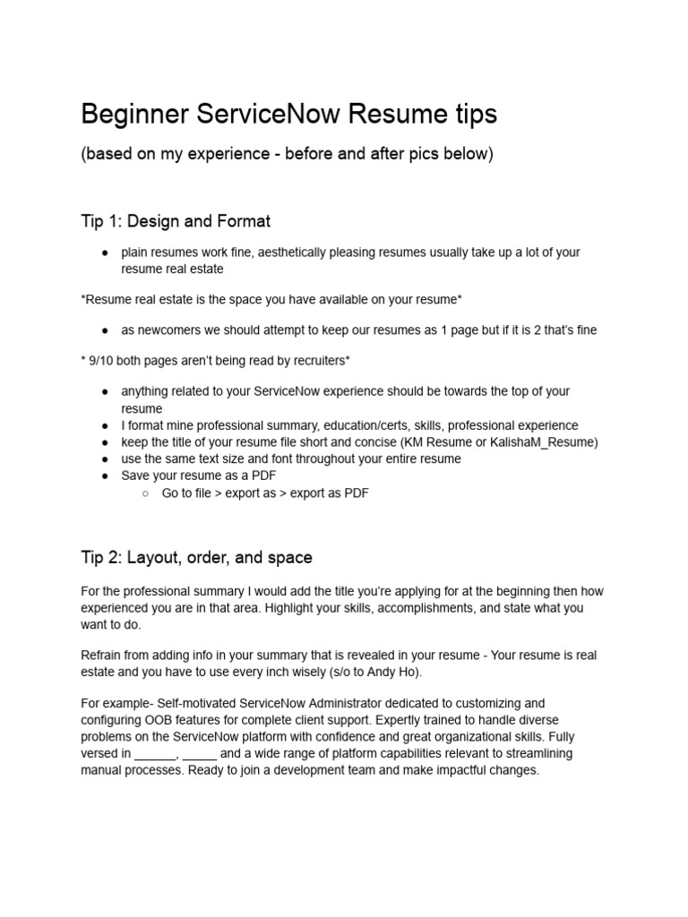 ServiceNow Resume Tips | PDF | Résumé | Experience