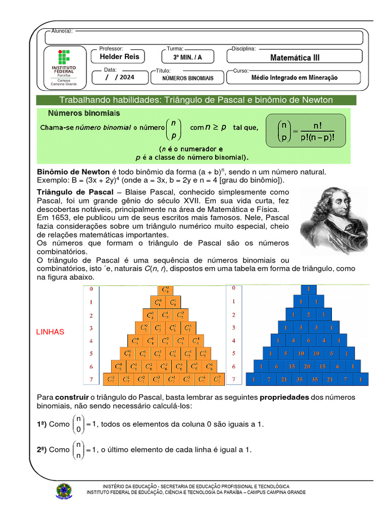 Triângulo de Pascal-Binômio de Newton-2024 | Download grátis PDF ...