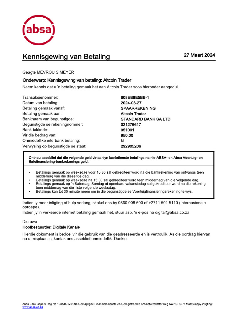 Kennisgewing Van Betaling: 27 Maart 2024 | PDF