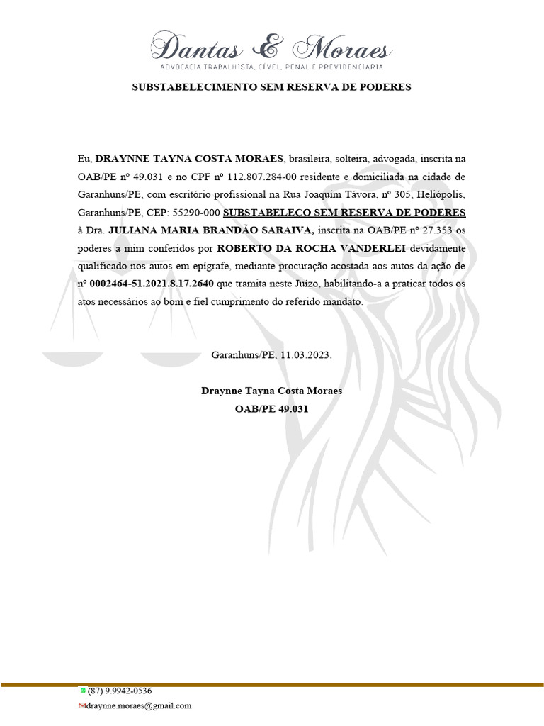 Substabelecimento Sem Reserva de Poderes - Roberto Da Rocha Vanderlei | PDF