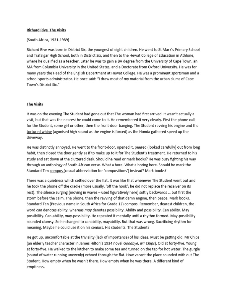 Richard Rive The Visits | PDF | Laughter