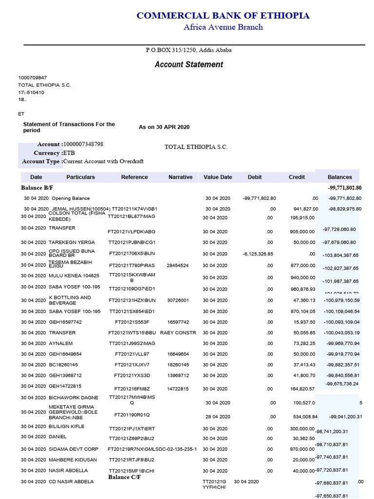 CBE Bank Statement Sample - April 2020 | PDF | Transaction Account ...