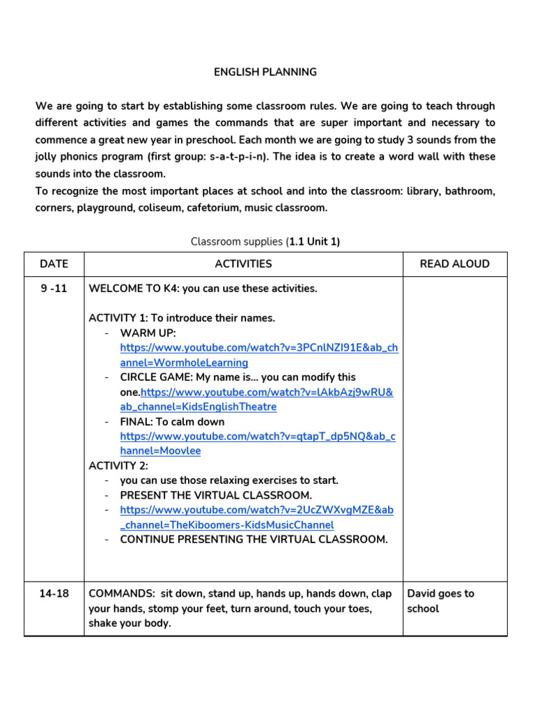 ENGLISH PLANNING clases para pequeños | PDF