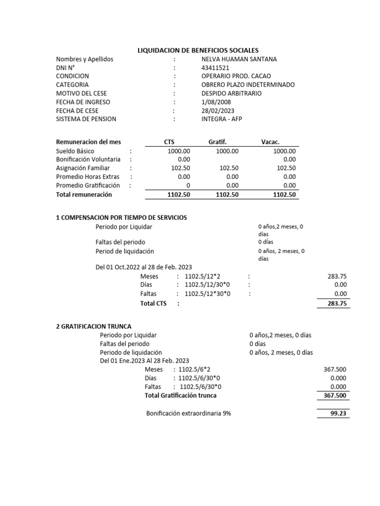 Liquidacion de Beneficios Sociales de Nelva Huaman Santana | PDF ...