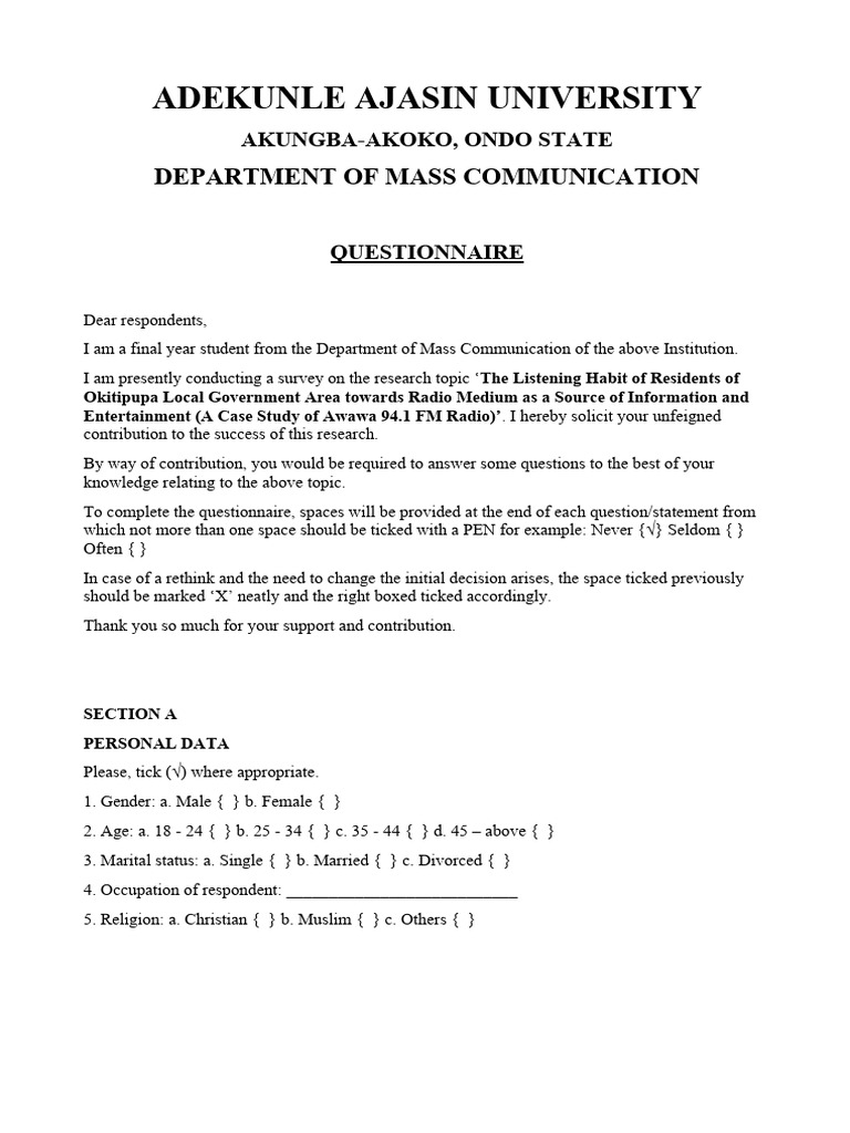 Obed Project Questionnaire | PDF | Mass Media | Communication