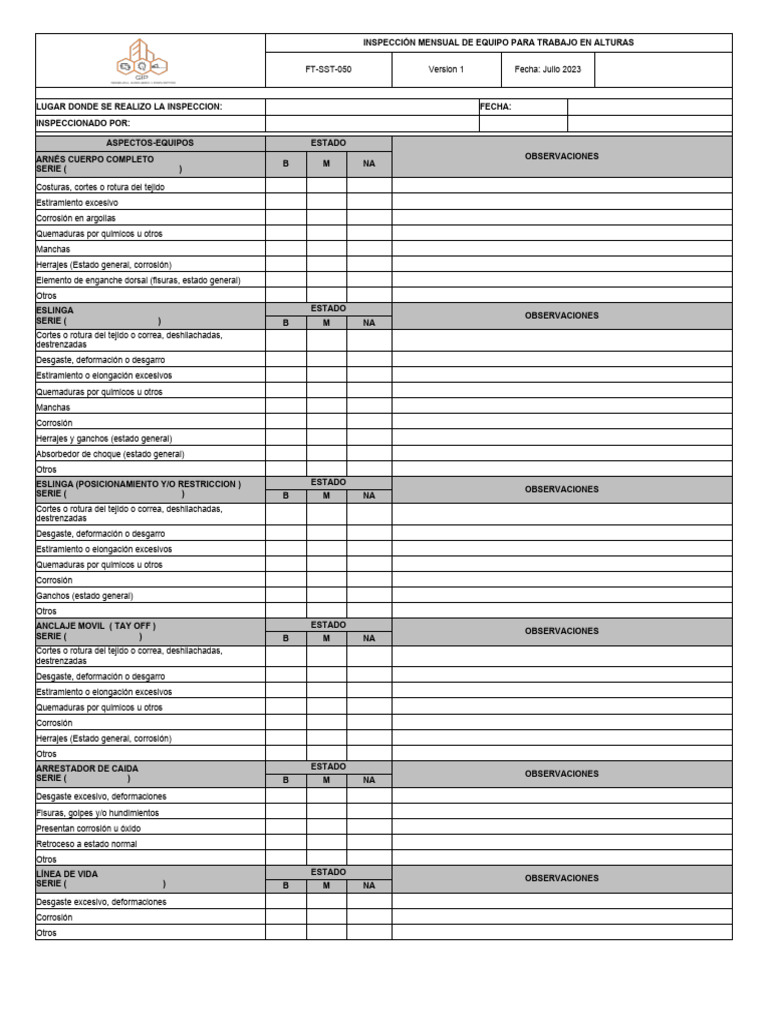 9.4 FT SST 050 Formato Inspección Mensual para Trabajo en Equipo de Alturas | PDF