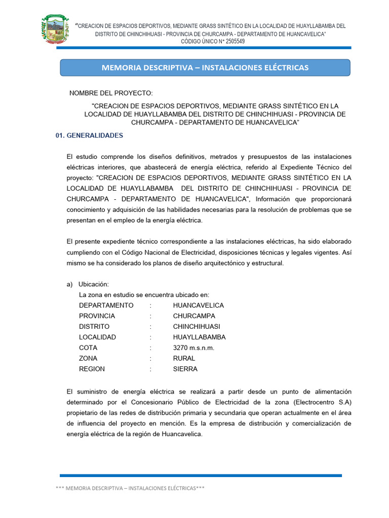 Memoria Descriptiva Instalaciones Electricas | PDF | Distribución de energía eléctrica | Cambiar