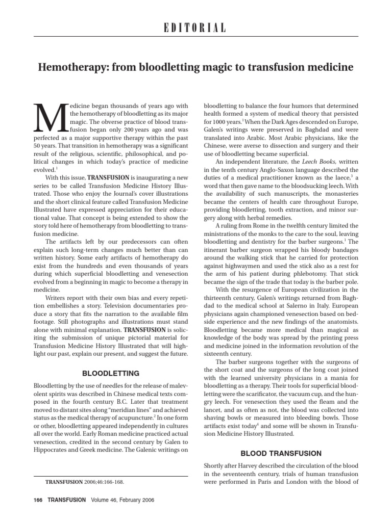 Hemotherapy: From Bloodletting Magic To Transfusion Medicine | PDF ...