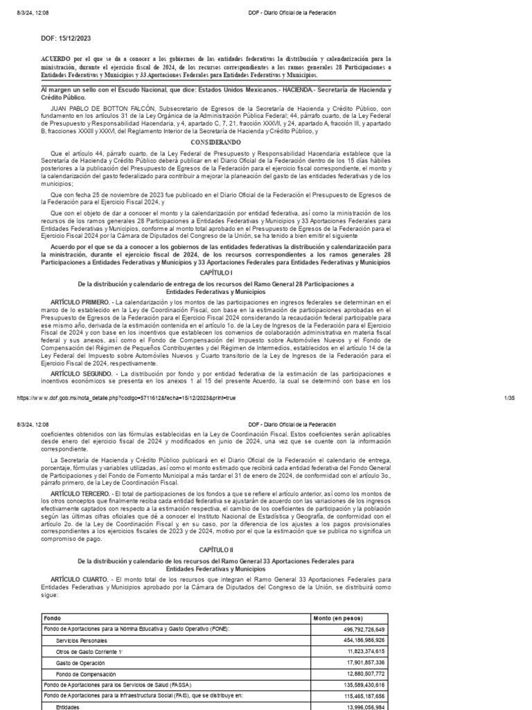 Dof - Ramo 33 | PDF | Presupuesto | Fiscal