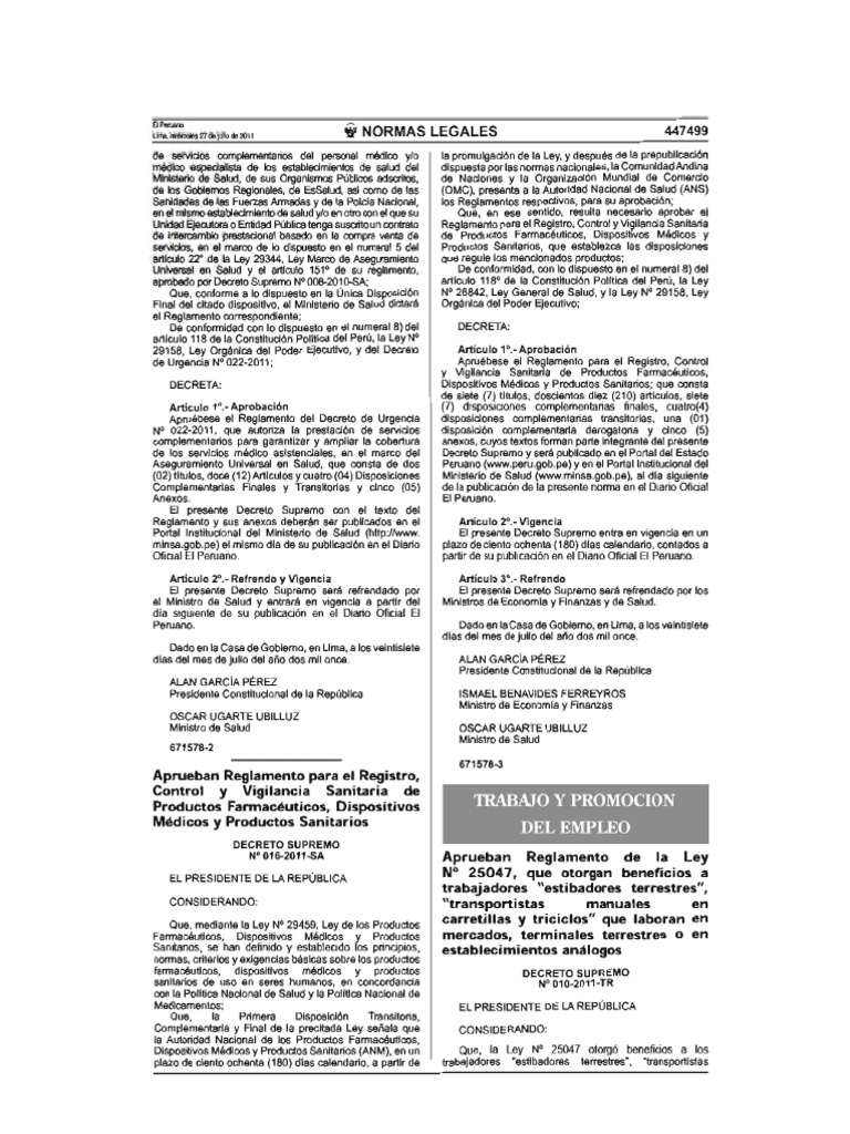 2011 - DS 016-2011-SA Aprueb Regl Reg Cont y Vig | PDF