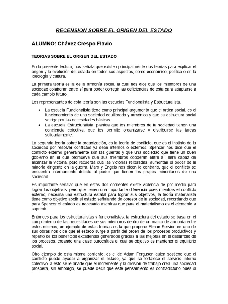 Resencion Sobre El Origen Del Estado - Alumno Chavez Crespo Flavio ...