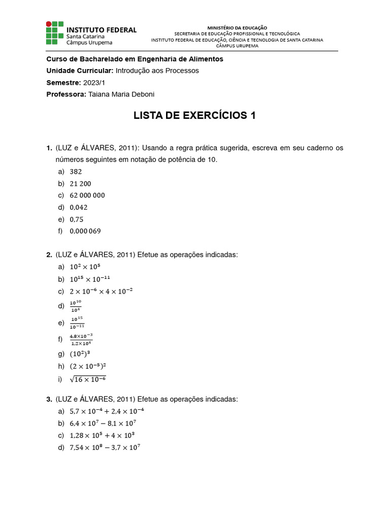 Lista de Exercícios 1 | PDF | Quilograma | Velocidade