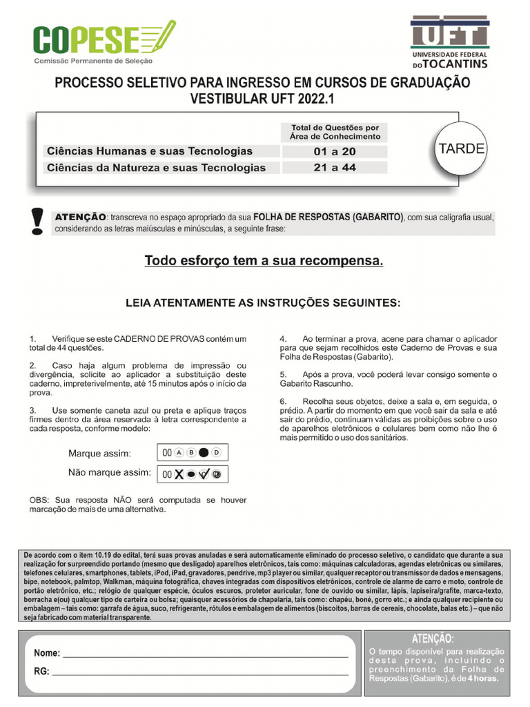 Vestibular UFT 2022.1 Prova Tarde | PDF | Biogás | Calor