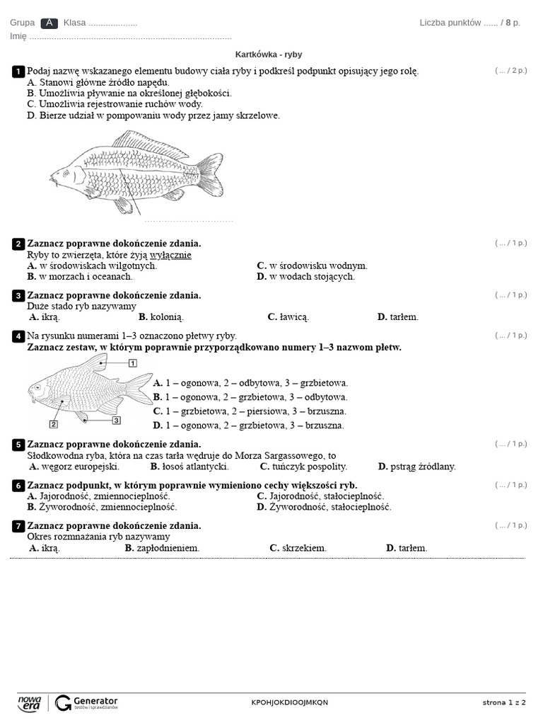 Kartkówka - Ryby Test - Ekowydruk | PDF