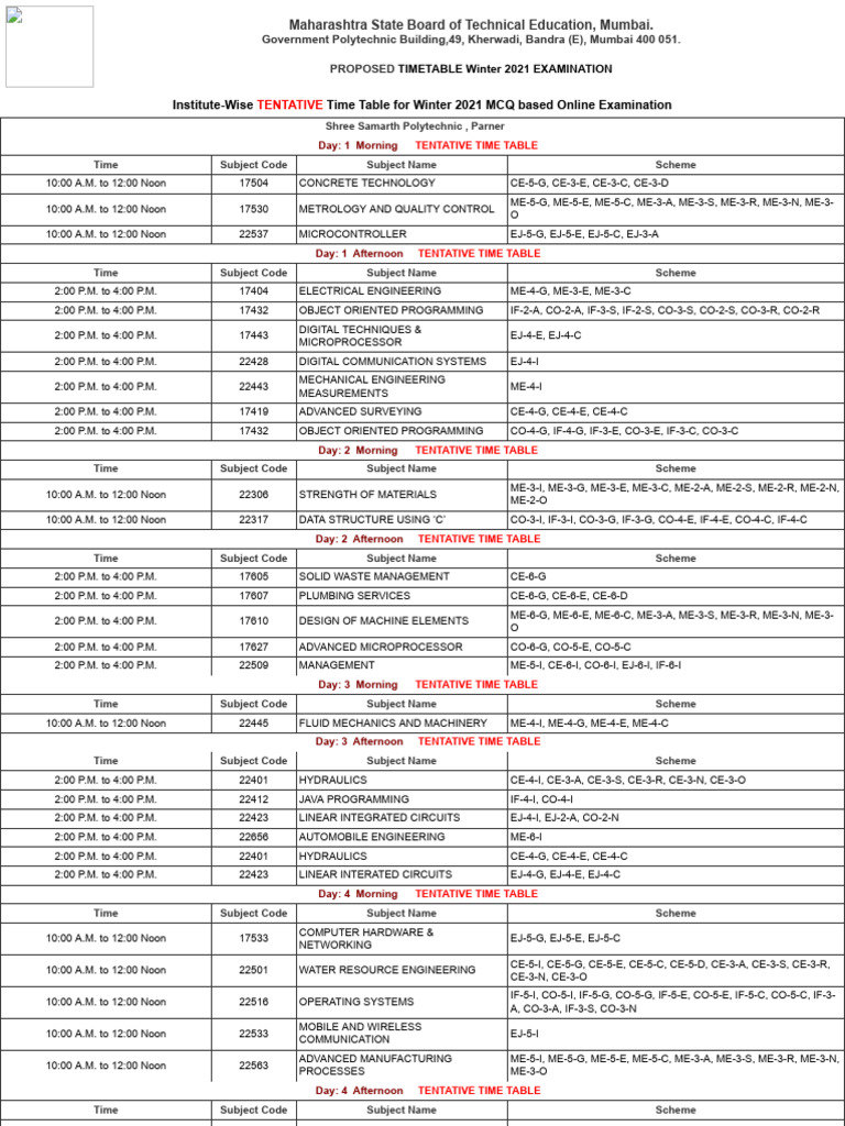 MCQ Based Online Examination MSBTE Time Table For Winter 2021 ...