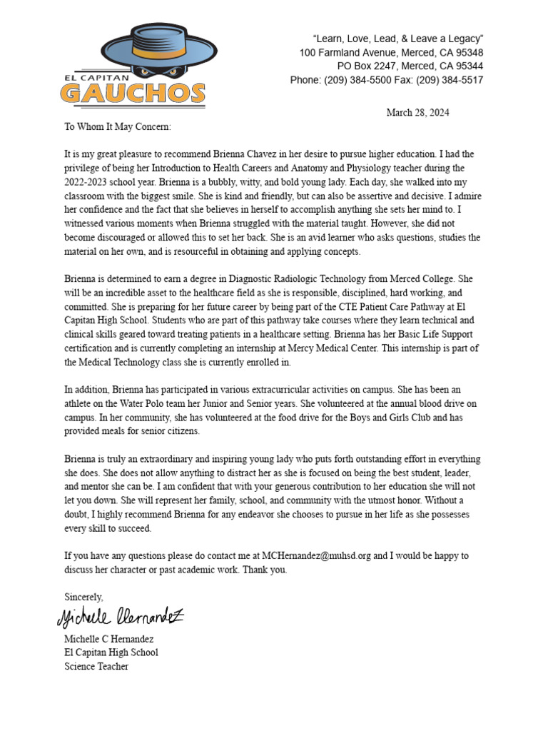 Brienna Chavez Letter of Rec | PDF | Health Care | Social Programs