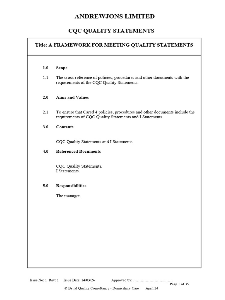 Andrewjons Limited: CQC Quality Statements | PDF | Regulatory Compliance | Evidence Based Medicine
