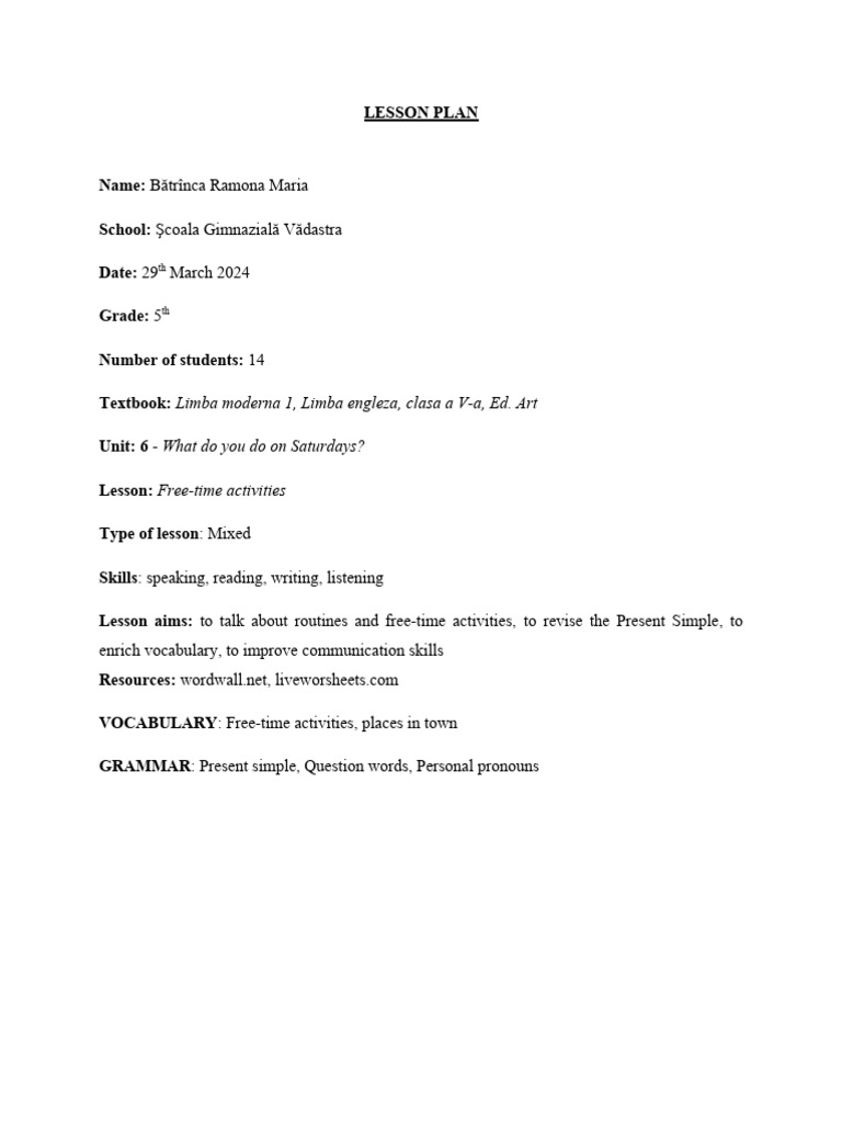 Clasa A5a Plan de Lectie | PDF | Question | Vocabulary